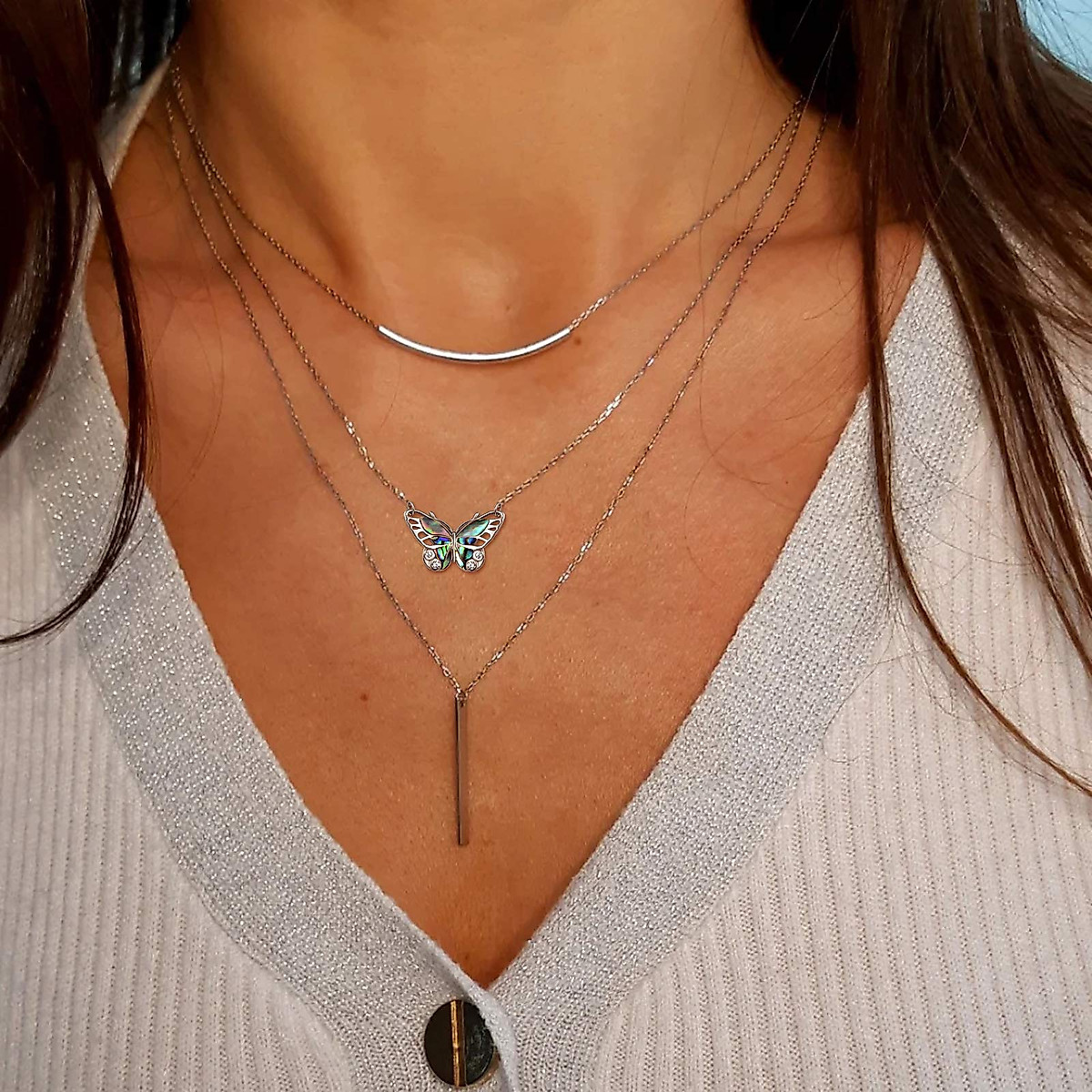 PRAYMOS 925 Sterling Silver Butterfly Necklace Women Abalone Shell Aesthetic Jewelry 20in Chain