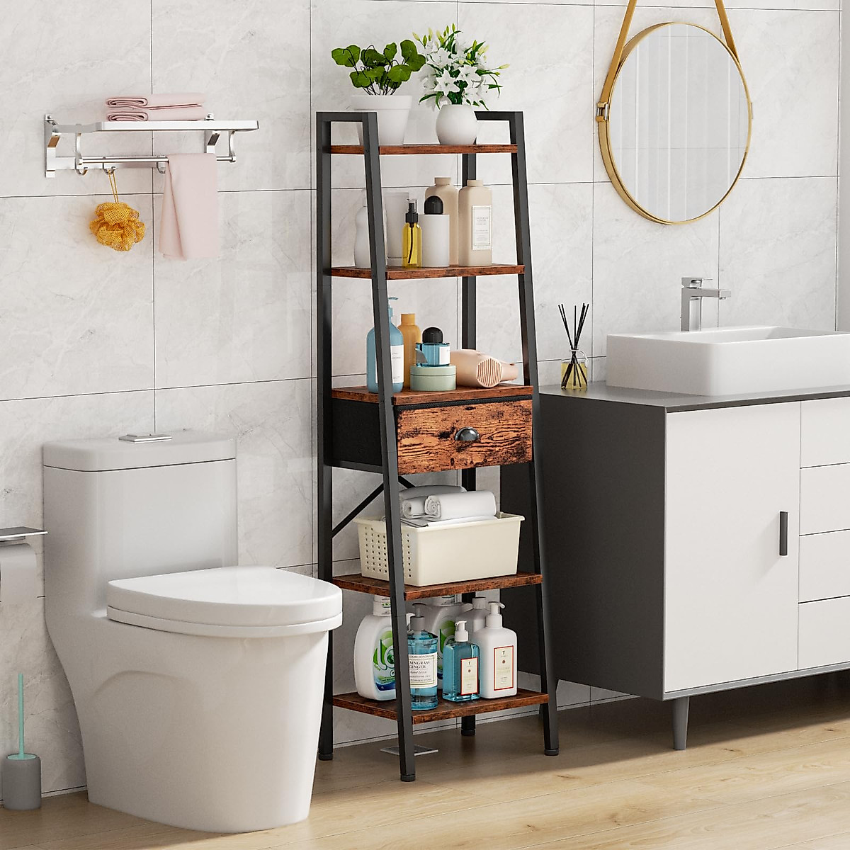 Furologee 5 Tier Ladder Shelf with Drawer, Tall Bookshelf Storage Shelves, Bookcase Standing Shelf Units, Industrial Open Display Shelves Organizer for Bedroom, Living Room, Kitchen, Rustic Brown