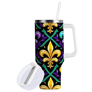 KEEPREAL 30 oz Mardi Gras Tumbler with Handle, Insulated Sports Water Bottle with Lid and Straw, Thermal Stainless Steel Travel Coffee Mug Cup #330