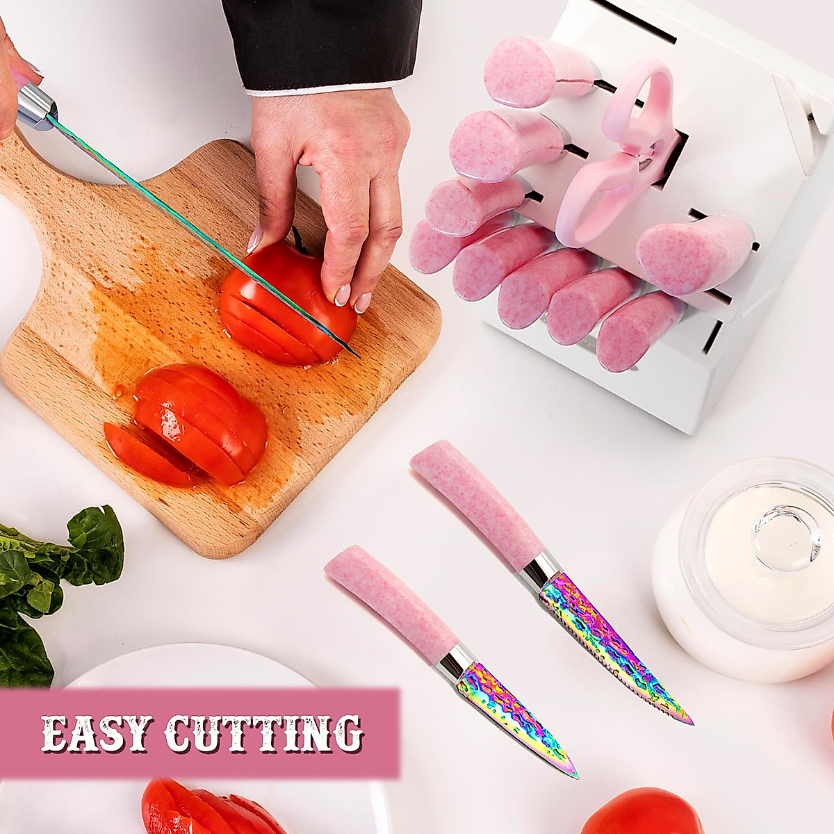 Rainbow Kitchen Knife Set Non Stick Knives with Wood Storage, Serrated Steak Knife, Chef Knife, Scissors with Built-in Sharpener, 14Pcs Ultra-Sharp Cutlery Block Sets for Home & Pro Use Best Gift