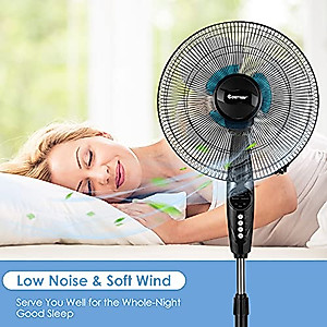 COSTWAY Pedestal Fan, 18-Inch Adjustable Height Fan, 3-Speed Digital Control, Timer, LCD Display, Double Blades, Remote Control, Quiet Oscillating Stand Fan for Home, Office, Bedroom