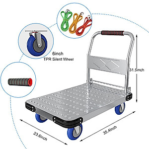 36" L x24 W Platform Truck Steel Foldable Push Cart,2000 LBS Capacity Heavy-Duty Moving Platform Trucks Hand Cart for Groceries, Warehouse Transport with 5’ Nylon Casters