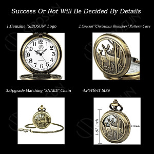 SIBOSUN Pocket Watch with Chain Deer Reindeer Woodland Men Smooth Back Case Bronze Vintage Box Quartz
