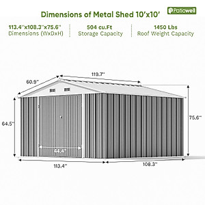 Patiowell 10' x 10' Metal Storage Shed for Outdoor, Steel Yard Shed with Design of Lockable Doors, Utility and Tool Storage for Garden, Backyard, Patio, Outside use, Grey