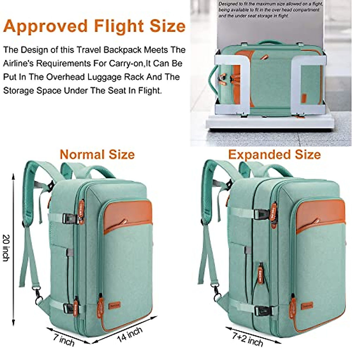 Carry on Backpack, Extra Large 40L Flight Approved Travel Backpack for Men & Women,Expandable Large Suitcase Backpacks With 4 Packing Cubes,Water Resistant Luggage Daypack Business Weekender Bag,Green