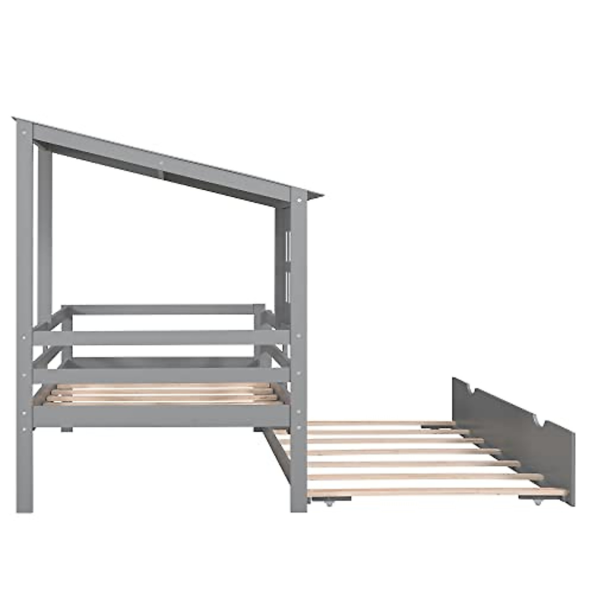 DHHU House Bed with Trundle, Window and Roof, Twin Size Low Loft Bed with Trundle, Wooden Bed Frame for Boy Girl Kids Toddler, Grey