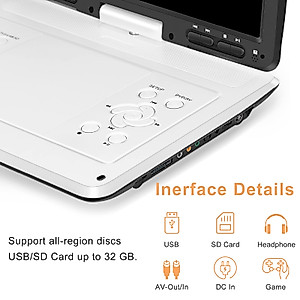 YOOHOO 16.9" Portable DVD Player with 14.1" Large Swivel HD Screen, Designed with Screen Button, Support USB/SD Card/Sync TV/Multi Discs, Region-Free, Power Adapter, Car Charger, Car Headrest Case