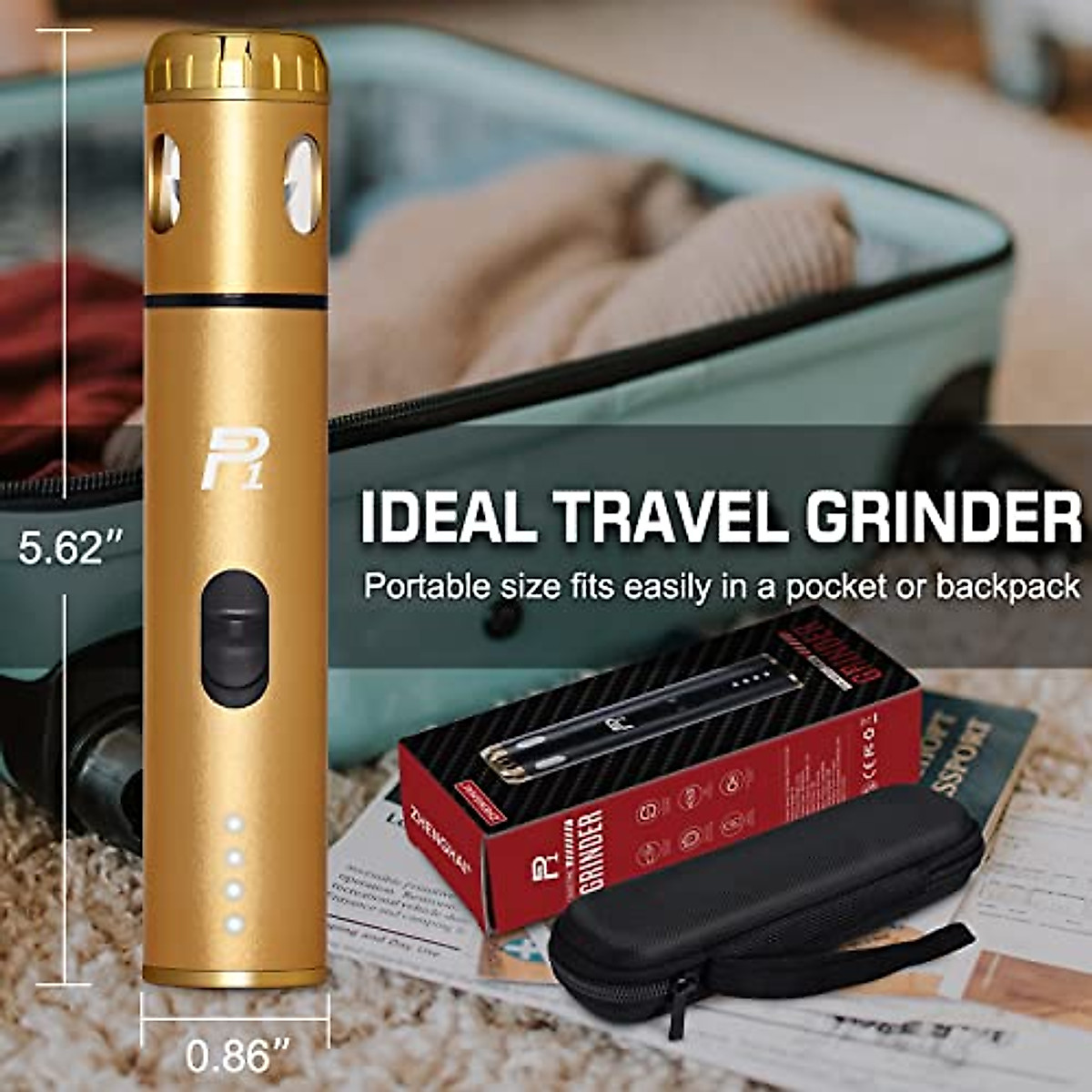 ZHENGHAI P1 Electric Herb and Spice Grinder, USB Rechargeable Fast Grinding With Portable Storage Bag, Cleaning Brush (Gold)