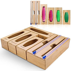 Openable Bamboo Ziplock Bag Storage Organizer & Foil and Plastic Wrap Organizer, Plastic Wrap Dispenser with Cutter and Ziplock Bag Organizer for Kitchen Drawer, 5 Baggie Organizer for Gallon,Quart,Sandwich,Snack