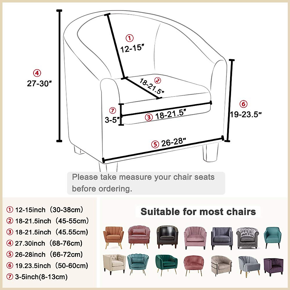 Lellen Club Chair Slipcover with Seat Cushion Cover Round Tub Accent Armchair Cover Reusable Sofa Stretch Covers for Living Room Bedroom Office Dining Room Barrel Chair Protector（Teal Suit ）