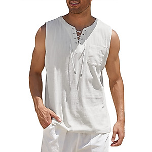 COOFANDY Mens Sleeveless Hippie Tops Casual Lace Up Tunic V-Neck Yoga Beach Top White