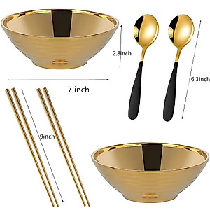 Ramen Noodle Soup Bowl,2 Sets Double Layer 304 Stainless Steel Bowl(7.1inch), with Matching Spoon and Chopsticks(Gold)