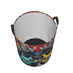 Laundry Basket,Collage Of Music Color And Musical Instruments Street Wall Art Joyful Nostalgia,Large Canvas Fabric Lightweight Storage Basket/Toy Organizer/Dirty Clothes Collapsible Waterproof For College Dorms-Large