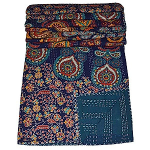 MAVISS HOMES Indian Handmade Multi Floral Printed Queen Kantha Quilt | Traditional Print | Pure Cotton | Vintage Throw Blanket |for Home and Bedroom | Super Soft Cozy Blanket; Blue and Multicolour