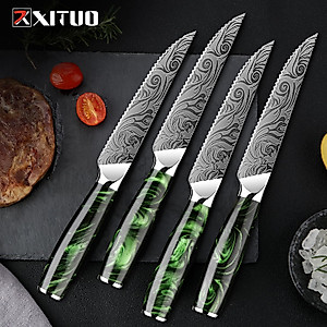 XT XITUO Serrated Steak Knife Set w/Beautiful Engraved Pattern - 6PC Premium 4.5 inch Steak Knives, German Steel Knife Table Dinner Knife w/Emerald Green Resin Handle for Home Restaurant