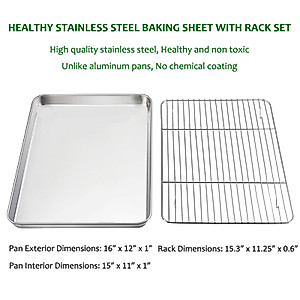 Baking Sheet with Rack Set, E-far Stainless Steel Baking Pans Tray Cookie Sheet with Cooling Rack, 16 x 12 x 1 inch, Non Toxic & Healthy, Rust Free & Dishwasher Safe - 4 Pieces (2 Sheets + 2 Racks)