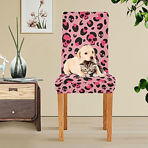 JUNZAN Halloween Skull Leopard Camouflage Pink Chairs Covers Set of 4 Slipcovers Spandex Dining Chair Covers for Outdoor Chair Ceremony