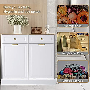 Anbuy Double Kitchen Trash Cabinets Dual Tilt Out Trash Cabinet with Two Wood Hideaway Trash Holder Drawers, Free Standing Recycling Cabinet Trash Can Holder (Upgrade White)