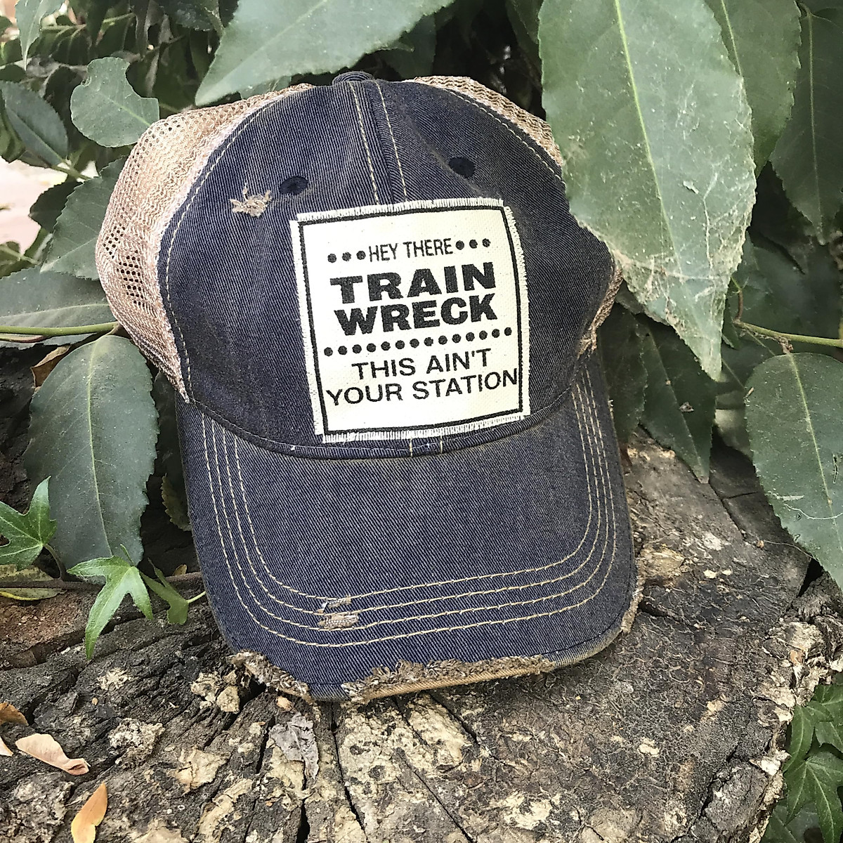 VINTAGE LIFE Hey Train Wreck This Ain't Your Station Distressed Trucker Cap, One Size, Navy Blue, Cotton and Polyester, Headgear, Hat, Headwear