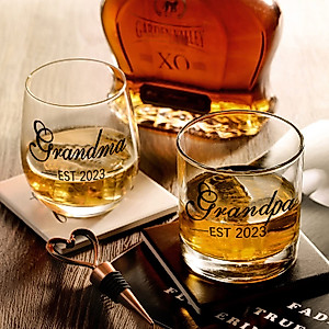 axqania Grandpa Grandma Wine Glass Set - 2023 11 oz Whiskey Glass Gift Set, Announcement Whiskey Glass Set Promoted to Grandma & Grandpa