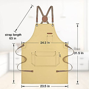 RockyToy Chef Apron with Cross Back Straps for Men Women, Cotton Canvas Apron for Artists Painting, Kitchen Cooking, Light Yellow