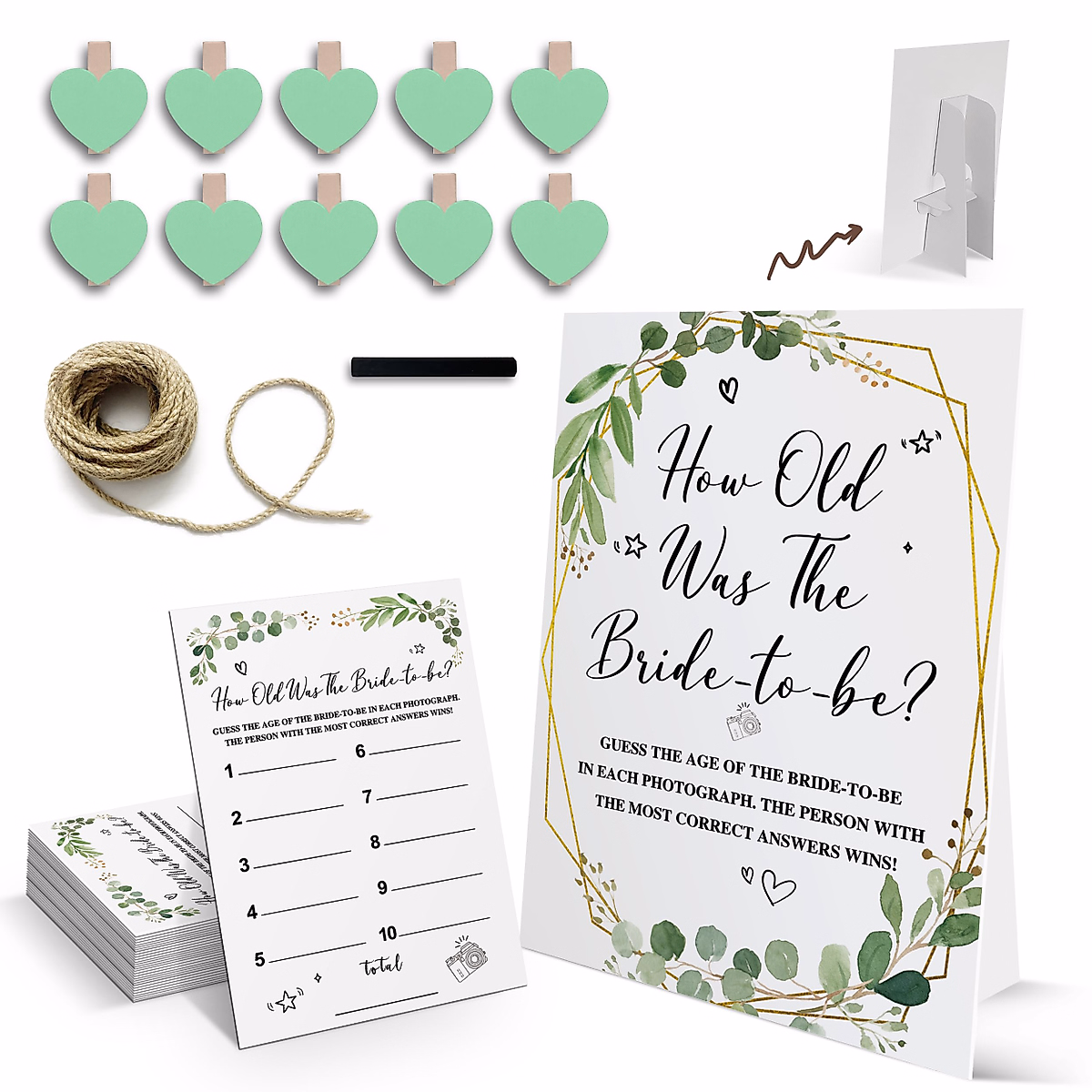 Bridal Shower Game Kit, How Old were The Bride-to-Be, Eucalyptus Gold Green Leaf Theme Photo Game Guess The Age, Bride Game Decoration Set (1 Sign + 30 Guess Cards)