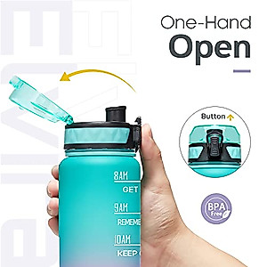 Elvira 32oz Motivational Fitness Sports Water Bottle with Time Marker & Removable Strainer,Fast Flow,Flip Top Leakproof Durable BPA Free Non-Toxic-Green/Purple Gradient