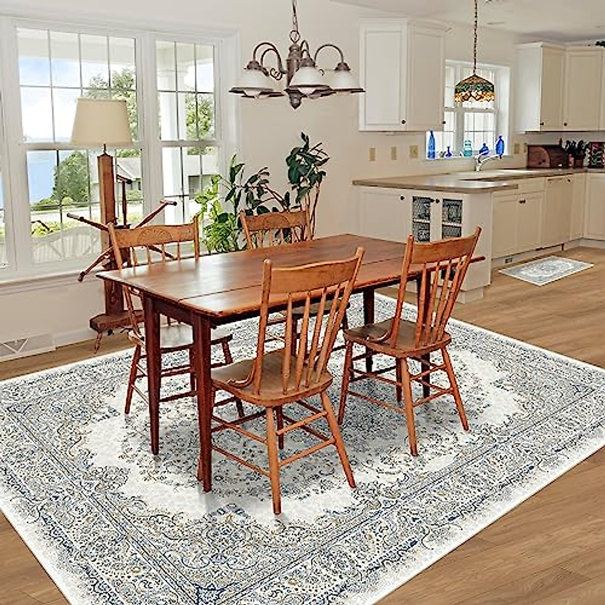 8x10 Area Rugs for Living Room: Large Machine Washable Area Rug with Non Slip Backing Neutral Farmhouse Rug Thin Floral Print Indoor Carpet for Under Dining Table Home Office Multi