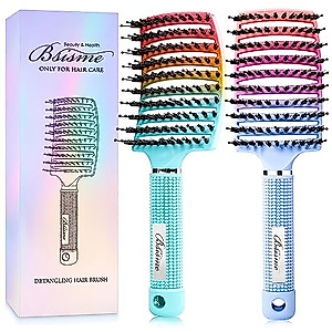 Boar Bristle Hair Brush, Curved Vented Detangler Brush Faster Blow Drying, Paddle Detangling Brush for Women Men Kids Wet Dry Long Curly Thick Straight Hair, Make Hair Shiny and Healthier(Green+Blue)