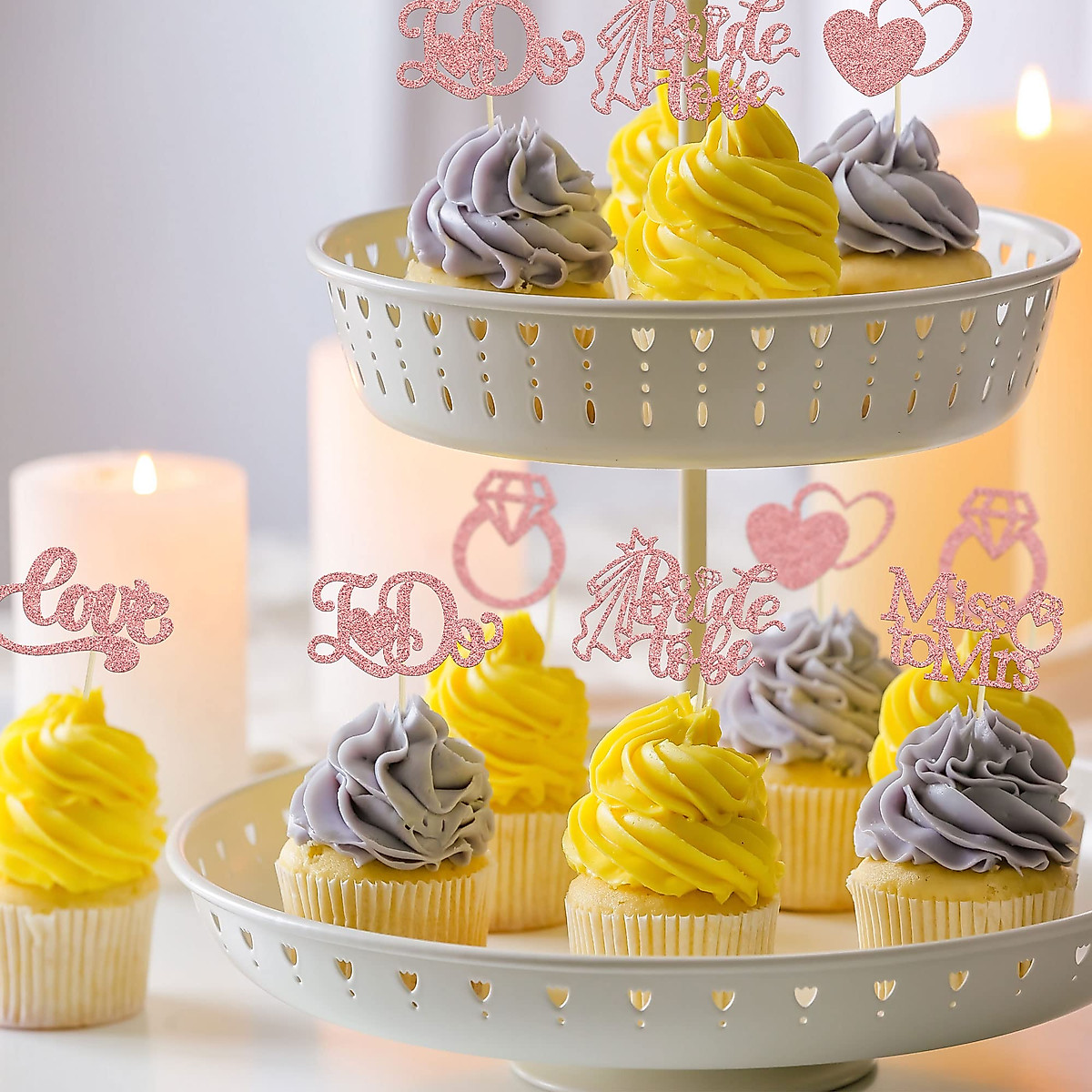 Gyufise 24Pcs Bride to Be Cupcake Toppers Rose Gold Glitter I Do Love Heart Ring Miss To Mrs Cupcake Picks Bridal Shower Cake Decorations for Wedding Engagement Bachelorette Party Supplies
