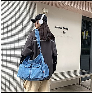 Denim Shoulder Bag Travel Tote for Women Hobo Tote Bag Casual Canvas Bag Retro Crossbody Bag Large Capacity Purse (Blue-A)
