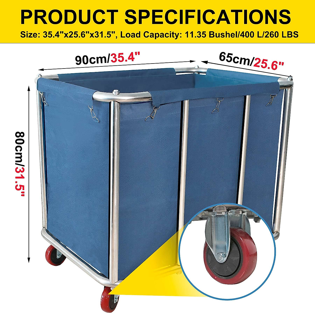 Graywlof Commercial Laundry Cart with Wheels,11.35 Bushel Large Laundry Cart,Heavy Duty Stainless Steel Commercial Laundry Hampers Laundry Basket with Waterproof Lining,260 Lbs Load