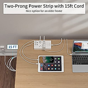 Rotating Plug 2 Prong Power Strip Surge Protector, NTONPOWER Two Prong Extension Cord 15 ft, 2 Prong to 3 Prong Outlet Adapter, 4 Outlets 4 USB Ports,Non-Grounded Outlets Ideal for Old House, White