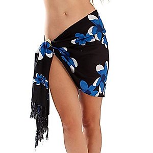 1 World Sarongs Womens Plumeria Print Half/Mini Cover-Up Sarong Royal Blue/Black
