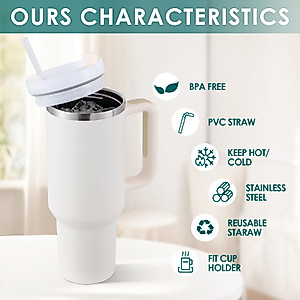 PIMDIR 40oz Tumbler with Handle Straw Lid, Stainless Steel Vacuum Insulated Reusable Travel Mug Keep Drinks Cold Ice Gym Cup, Gifts for Women Men Lovers, Car Holder Friendly, Cream White