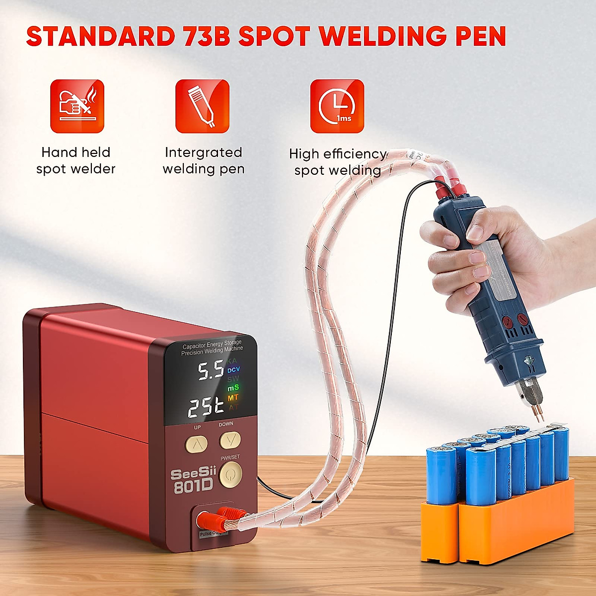 SeeSii 801D Spot Welder, 12KW Capacitor Energy Storage Pulse Battery Spot Welder with 73B Welding Pen, Support 2 Welding Modes Enhanced 0.1-0.3mm Nickel Strip for DIY & Industrial Spot Welding