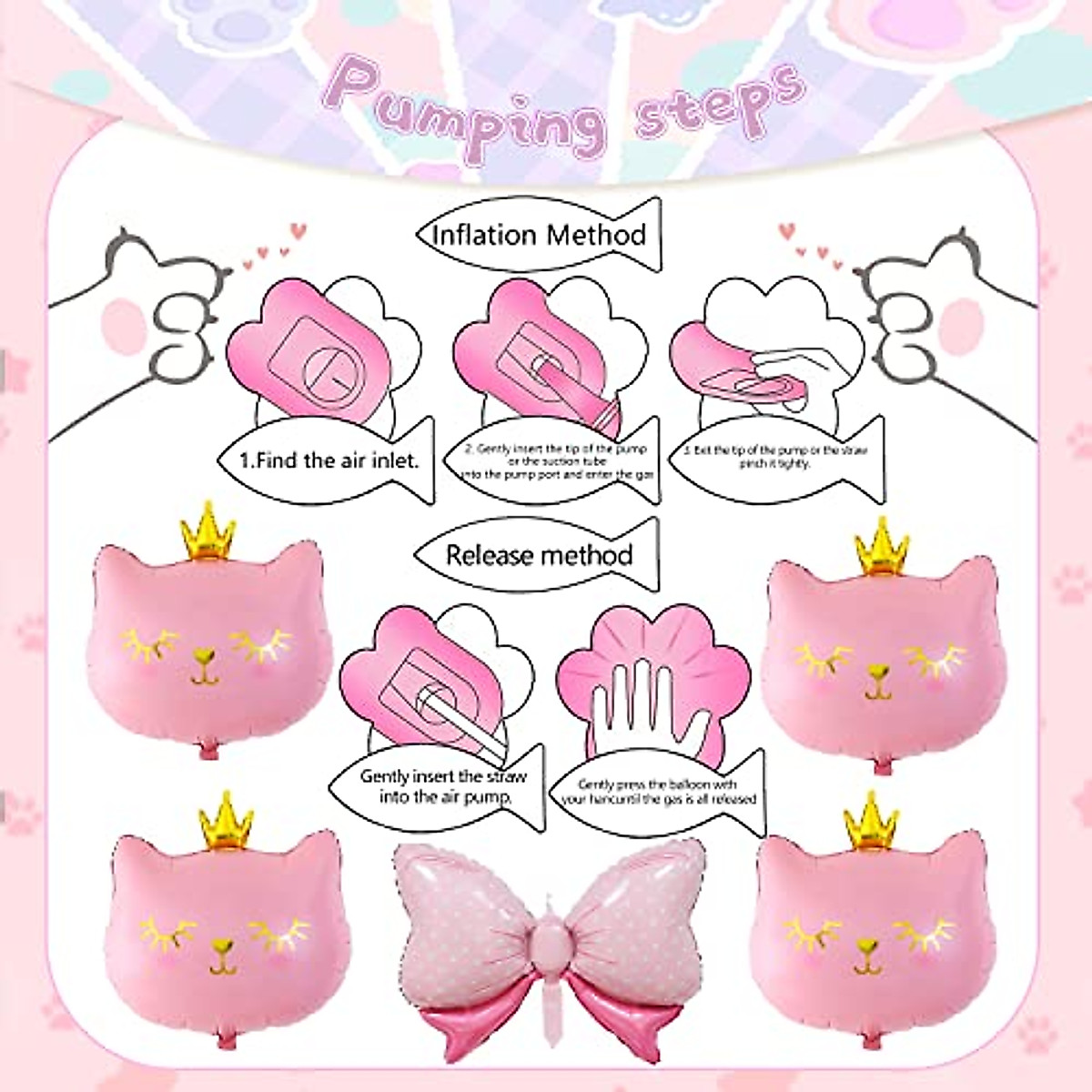 BlingABC Pink Cat Balloons 5Pcs, Large 20Inch Crown Kitty Cat with 30Inch Pink Bow Balloons for Girls Kitten Animal Themed Baby Shower Birthday Decoration Party Supplies