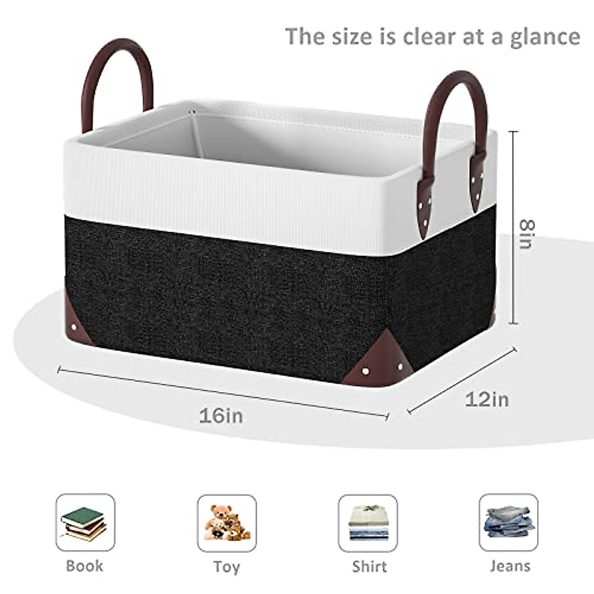 Foldable Storage Bins Baskets - Decorative Linen Fabric Storage Baskets with Steel Frame and PU Leather Handles for Organizing Shelf Closet