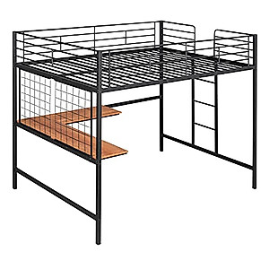 Full Size Loft Bed with Desk and Metal Grid, Metal Loft Bed with Ladder and Full-Length Guardrail for Kids Boys Girls Teens, Hold up to 250lbs, Noise Free Frame, Black