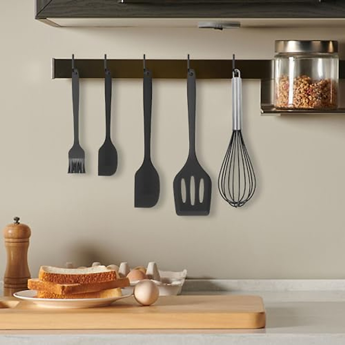 JONPHE Silicone Kitchen Utensils Set - Spatula Set,Turner,Brush,Whisk, 464°F Heat Resistant, Dishwasher Safe Silicone Cooking Utensils Set, Kitchen Gadget Tools Set for Nonstick Cookware - Black