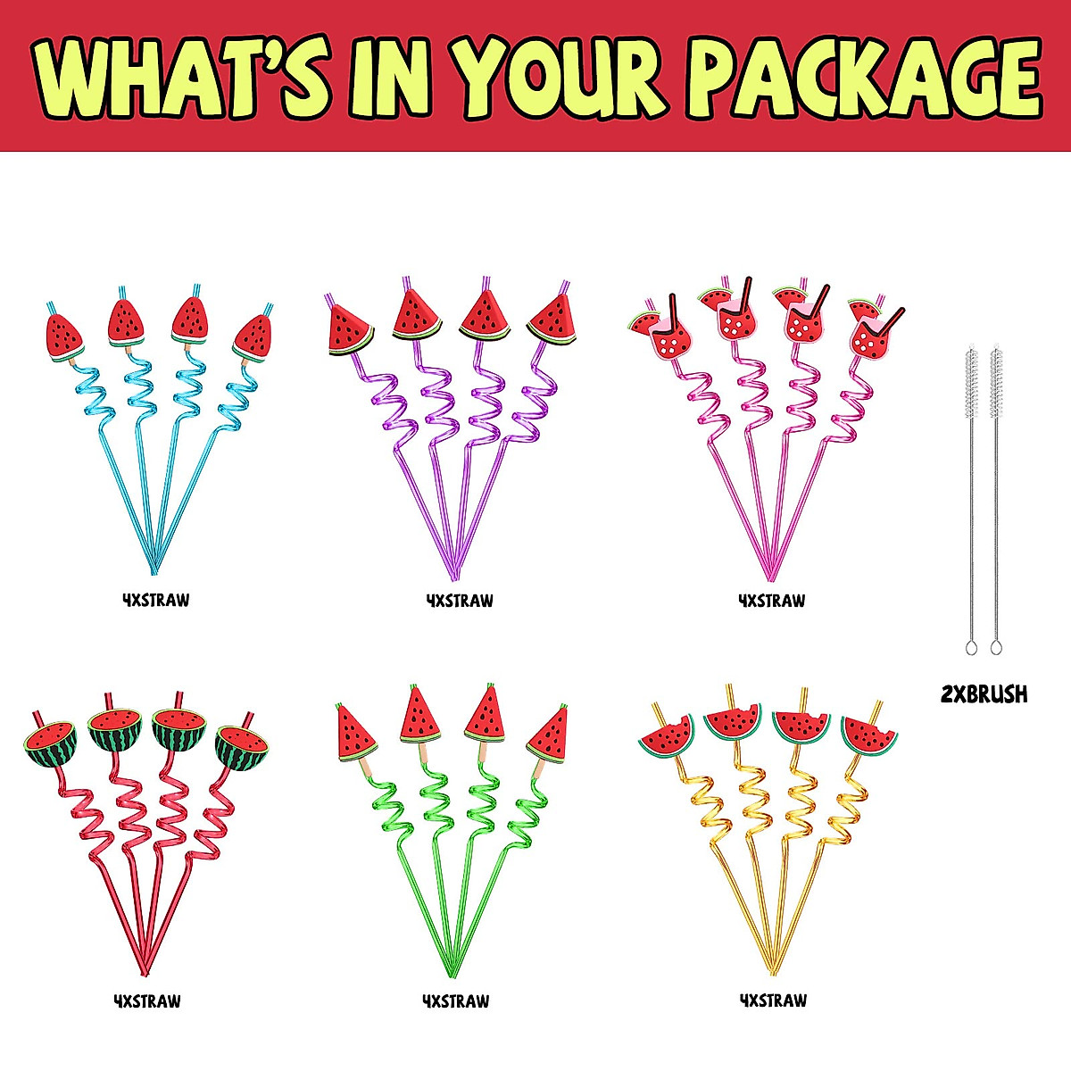 AFZMON 24 PCS Watermelon Drinking Straws Reusable Fruit Plastic Beverages Cocktail Straw with Cartoon Decoration for Kids Watermelon Party Supplies for One in A Melon Birthday Party Favors