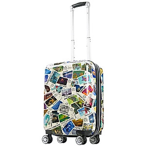 FUL Disney 100 22 Inch Carry On Rolling Luggage, 100 Years of Disney Stamps Hardshell Suitcase with Spinner Wheels, Multi