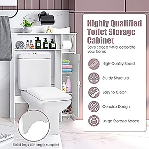 Tangkula Over The Toilet Storage Cabinet, Bathroom Space Saver w/Adjustable Shelves & Paper Holder, Freestanding Home Organizer Toilet Rack Stand w/Side Door & Anti-Topping Design, White