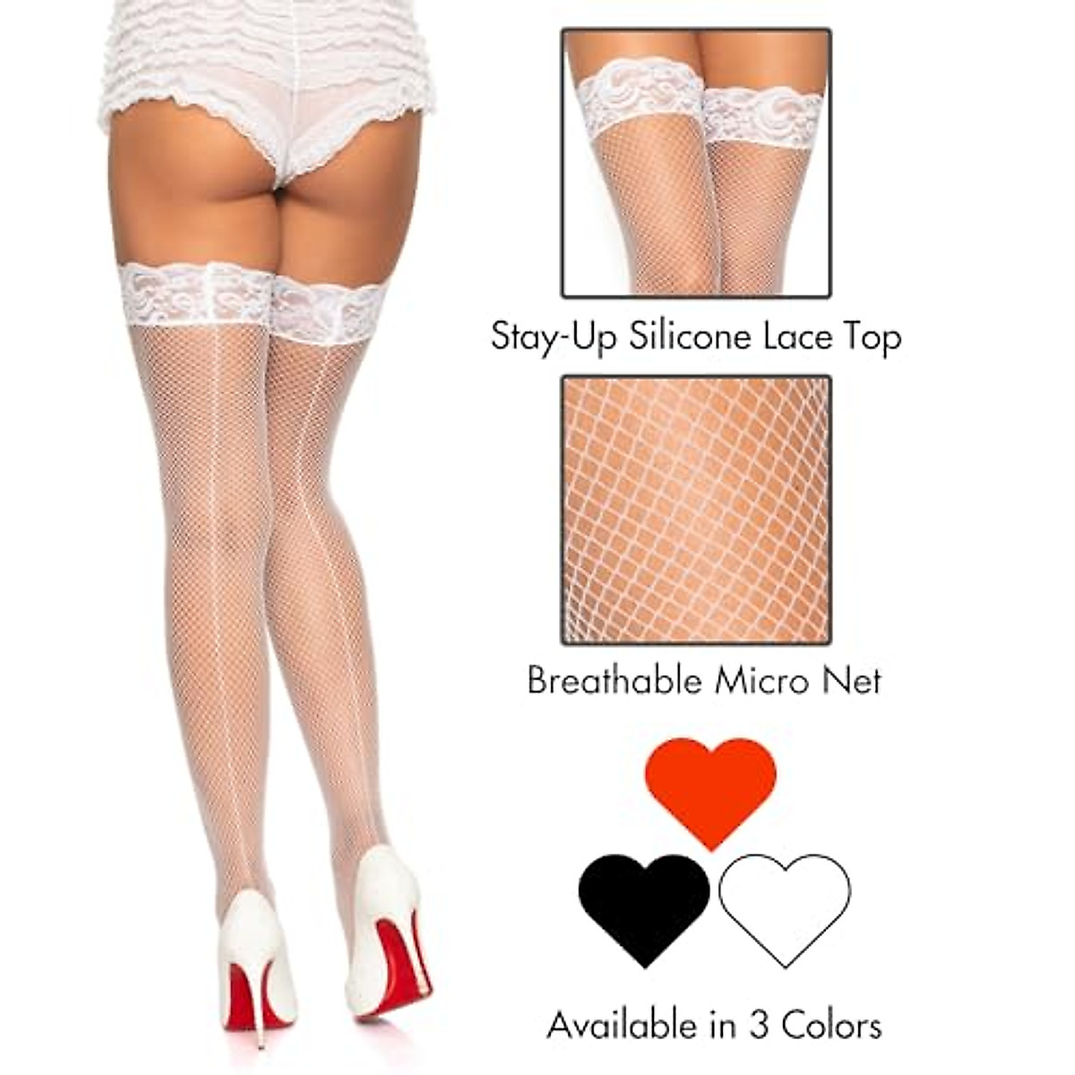 Leg Avenue Women's Fishnet Thigh High Stockings with Back Seam and Silicone Lace Top, White, One Size