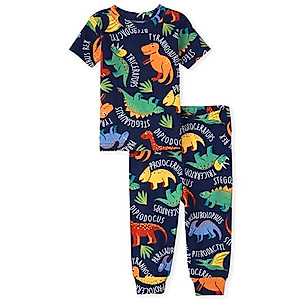 The Children's Place Baby Boys And Toddler Snug Fit 100% Cotton Short Sleeve Top Pants 2 Piece Pajama Set, Smart Dinos, 5T US