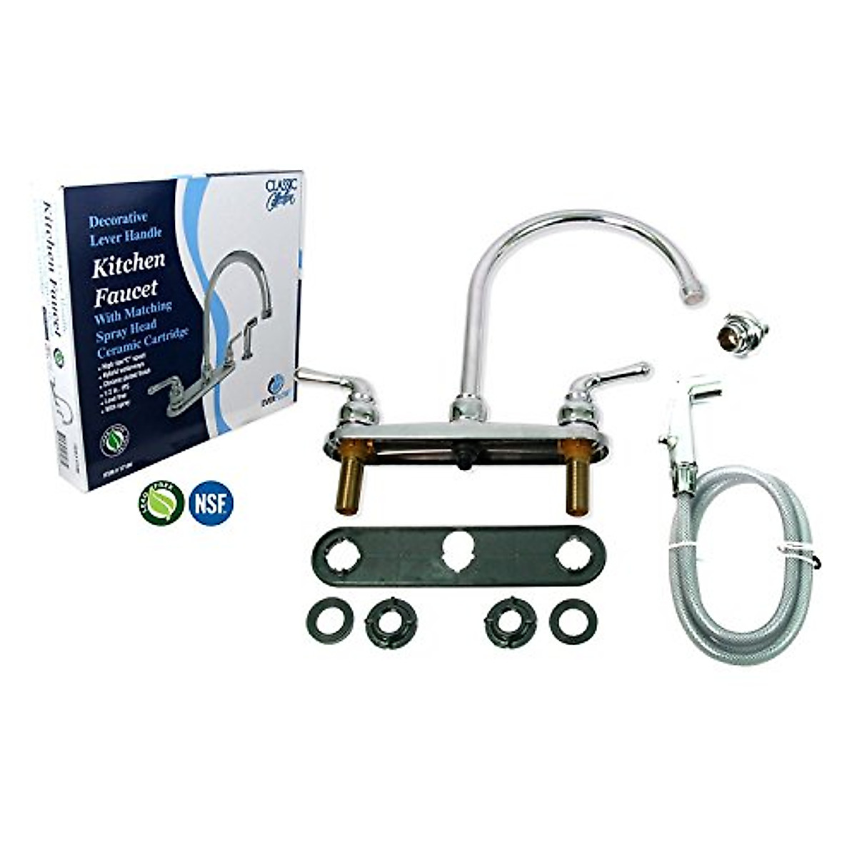 Highcraft 393II Kitchen Faucet, High Arc Swivel Spout, Chrome Plated Finish, Lead-Free Construction, Pull Out Side Spray Hose, 2 Operate Metal Handle 1.5 GPM Flow Rate Easy to Use