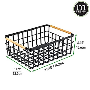 mDesign Metal Wire Storage Organizer Basket with Bamboo Wood Handles for Kitchen Pantry, Rustic Farmhouse Bin to Store Fruit, Coffee, Spices, Supplies, Yami Collection, 2 Pack, Matte Black/Natural/Tan