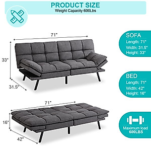MUUEGM Memory Foam Sofa Bed is Adjustable Armrests - Rectangular Shaped Futon Sofa Bed - Small Sofa Set for Living Room with Loveseats - Sleeper Sofa Bed Couch in Dark Gray Fabric
