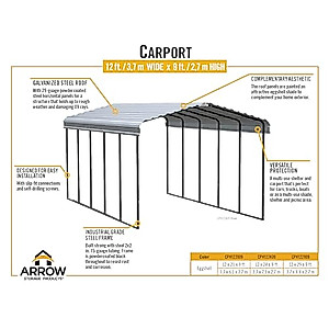 Arrow Carports Galvanized Steel Carport, Full-Size Metal Carport Kit, 12' x 24' x 9', Eggshell