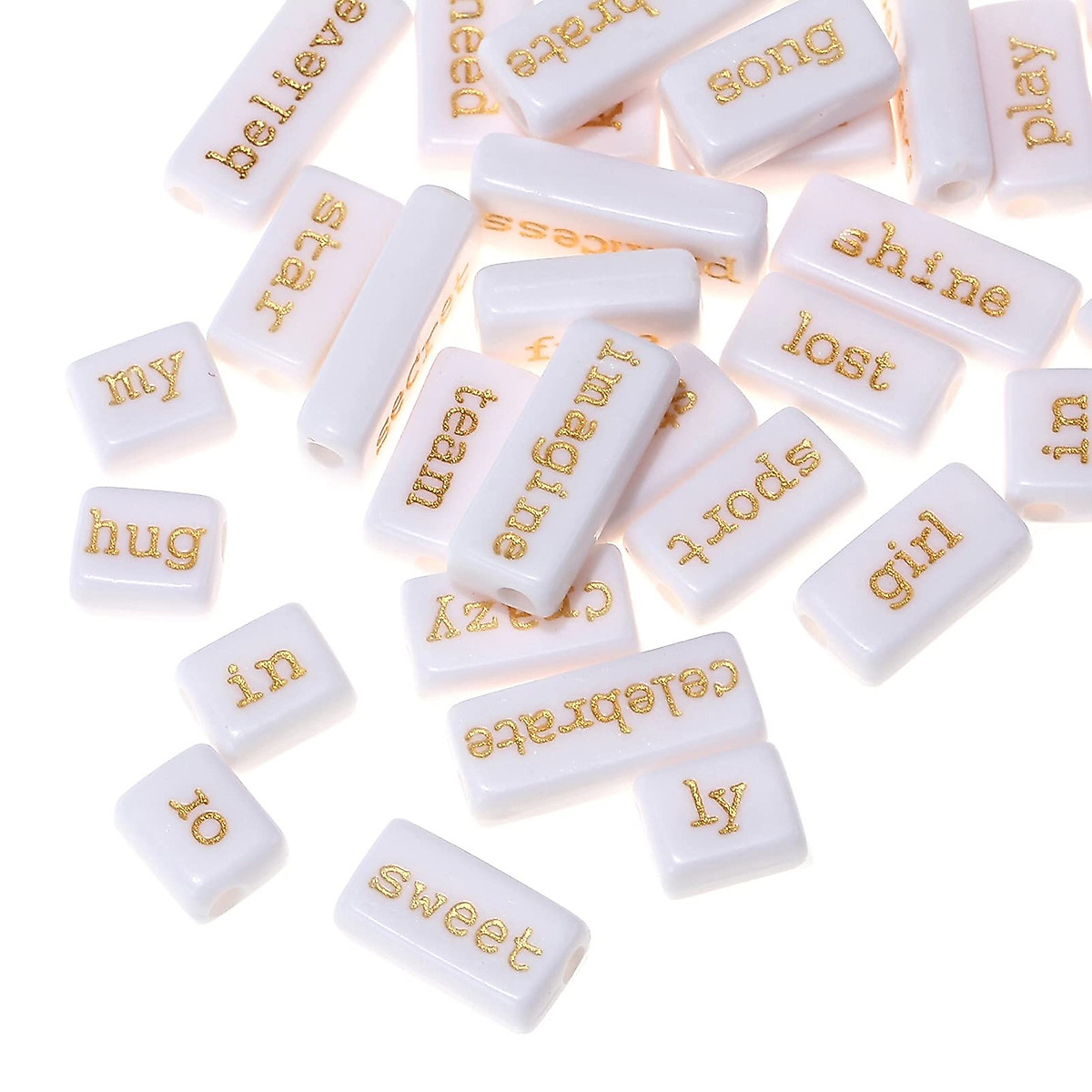 NC 300pcs White Acrylic Phrase Beads Randomly Mixed Golden Letter Pattern Word Beads Loose Spacer Beads for DIY Necklace Bracelet Jewelry Making
